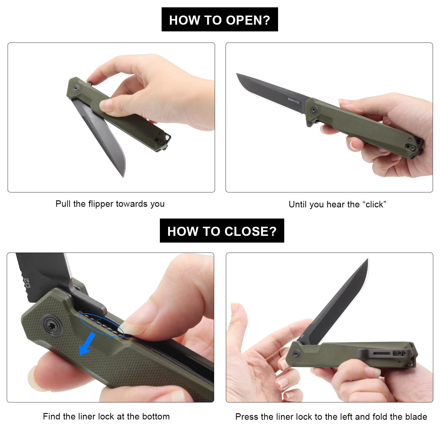 EMHiii Flipper Pocket Folding Knife: 3.54" D2 Steel Black Blade, G10 Scales, Slim EDC Knives with Reversible Deep Clip for Men and Women,Green