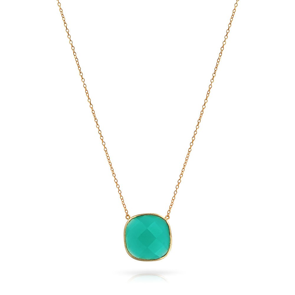 Exquisite Teal Blue-Green Faceted Stone Pendant Necklace for Women - Simulated Chalcedony Quartz, Bezel Setting, 14K Gold-Plated .925 Sterling Silver - Timeless Elegance