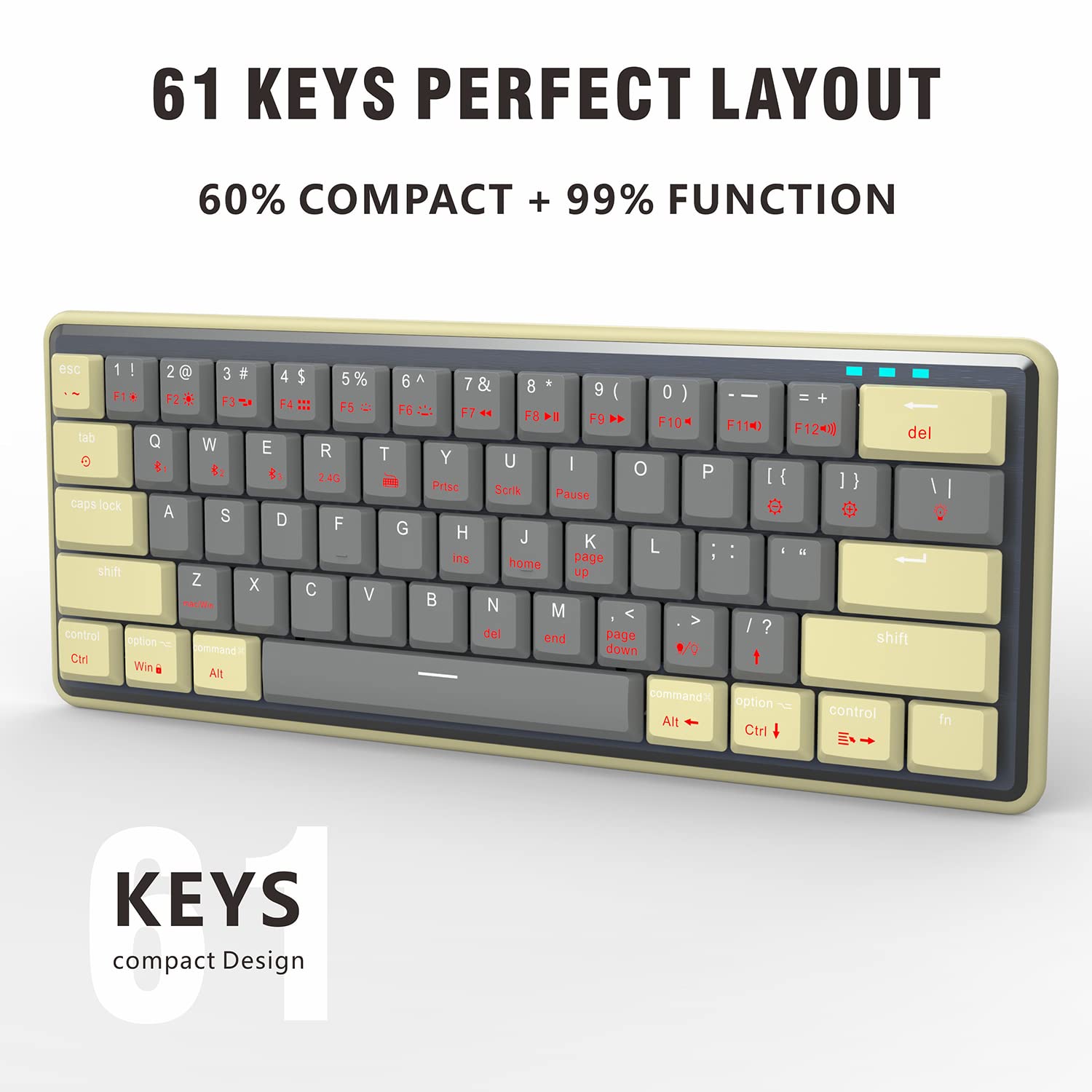 K206 Mini Bluetooth Wireless Mechanical Keyboard, 2.4G Wireless/ Bluetooth/ Wired Gaming Keyboard, 61 Keys RGB Hot Swappable Gaming Keyboard with LED Backlit, Red Switch for Win/Mac (Retro Grey)