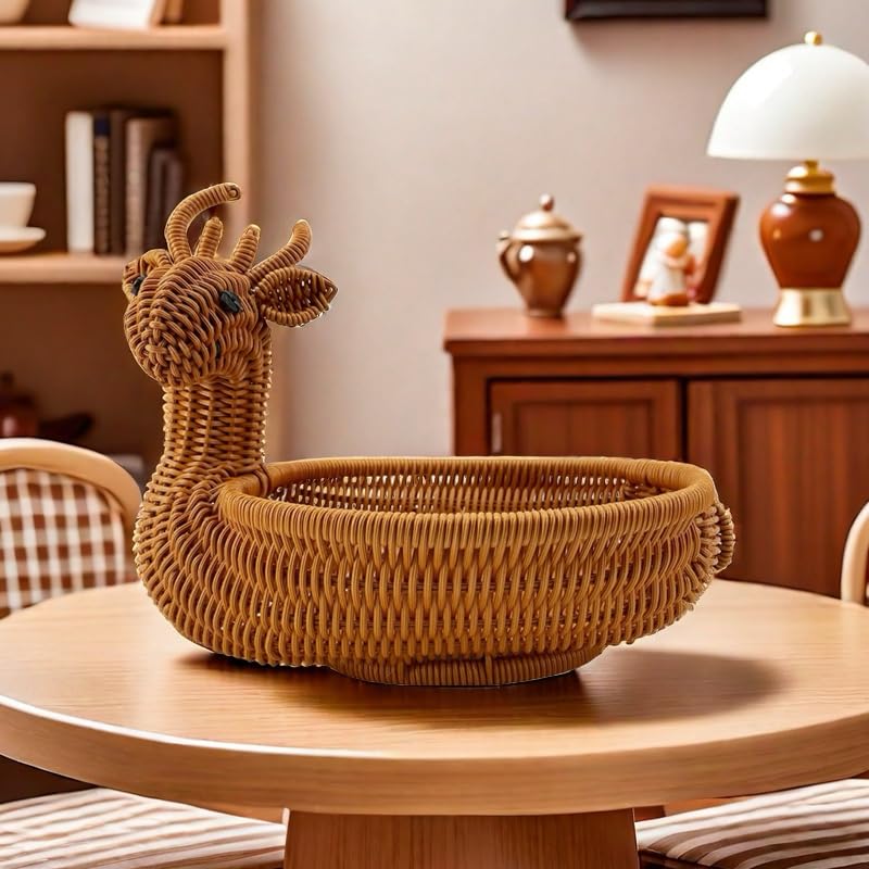 Songyang Handwoven Wicker Basket with Giraffe Head Handle,Storage basket, Tan