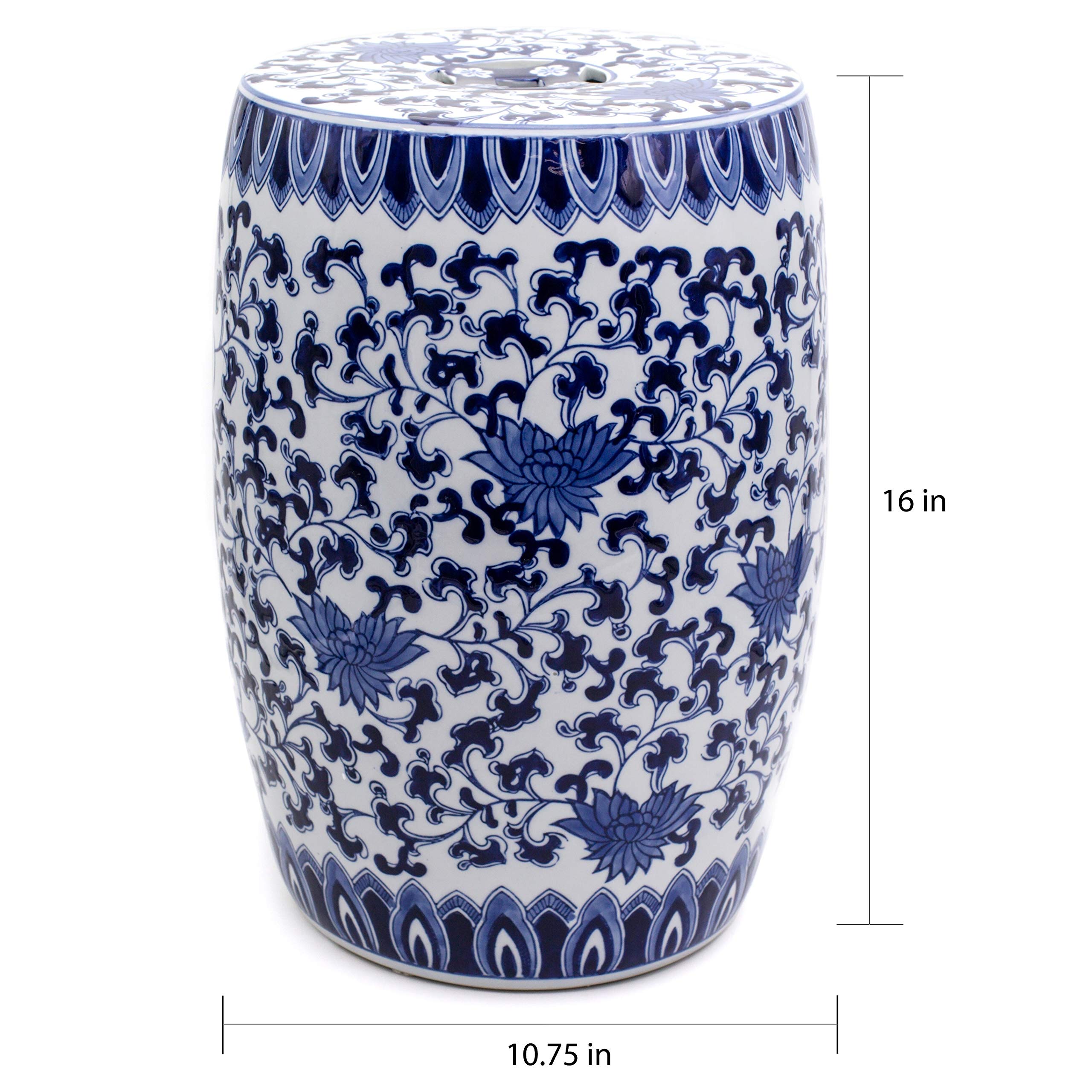 Euro Ceramica Claybarn Blue Garden Porcelain 16" Decorative Lotus Drum Stool