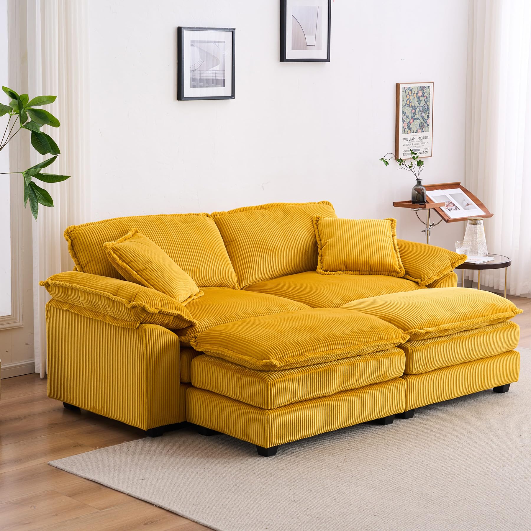 ONEMMLION 84.6" Modular Sectional Sofa Oversized Loveseat, Modern Upholstered Cloud Couch with 2 Ottoman, Comfy Corduroy Deep Seat Sleeper Sofa for Living Room, Small Space, Yellow