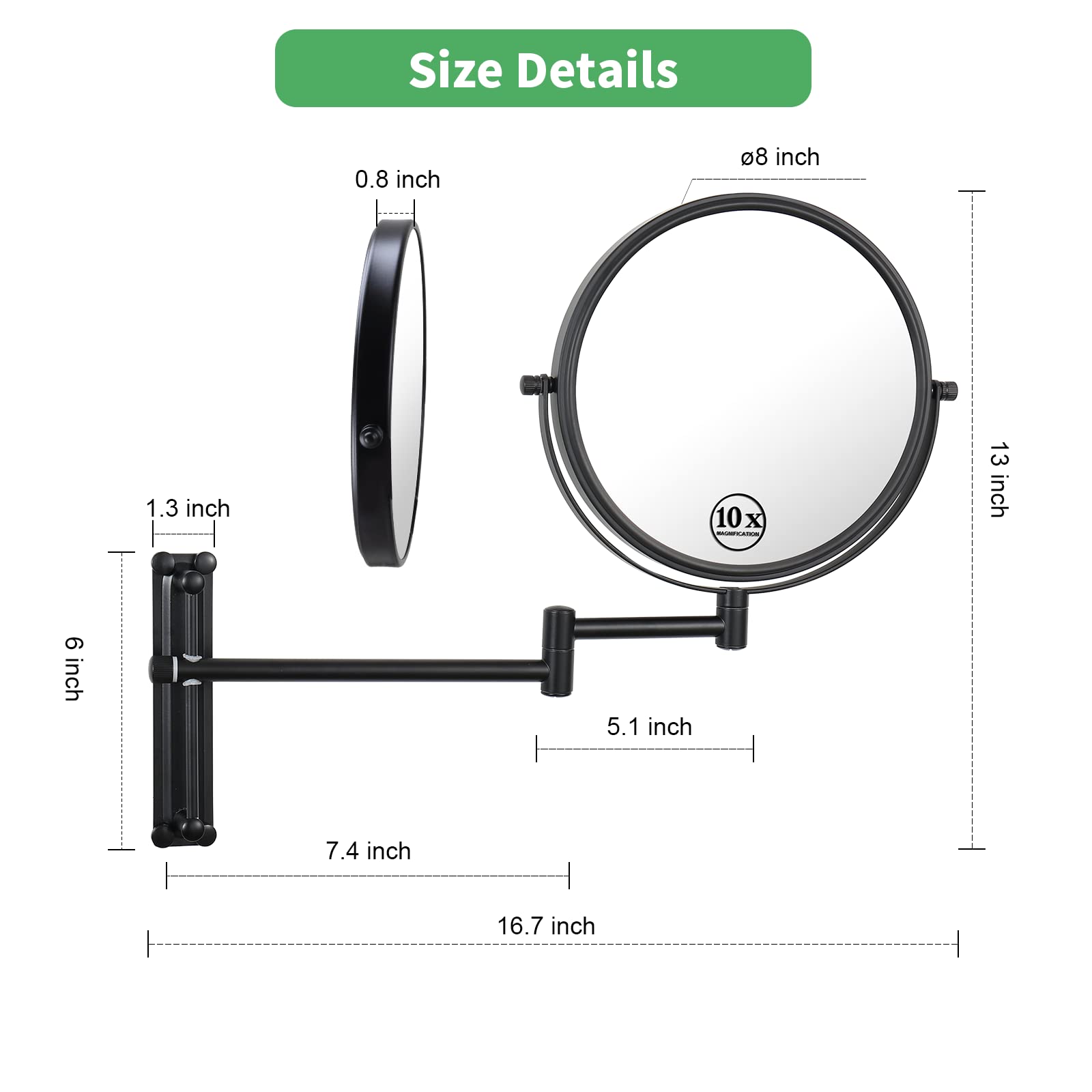 Kacuozx Adjustable Height Double-Sided Mirrors,Wall Mounted Makeup Vanity Mirror,1X/10X Magnifying Mirror for Bathroom,360-degree Rotation, 180-degree Retractable Folding (Black)