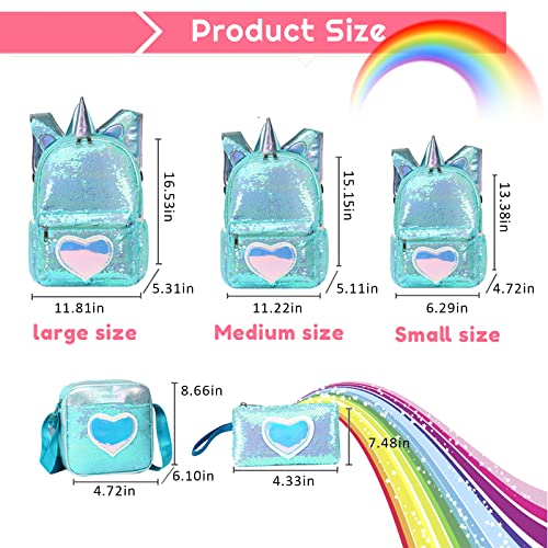 Muizary 3Pcs Cute Unicornios Backpack Set with Lunch Bag, Elementary Knapsack Rainbow Sequins bookbag for Girls and Woman -L(blue)