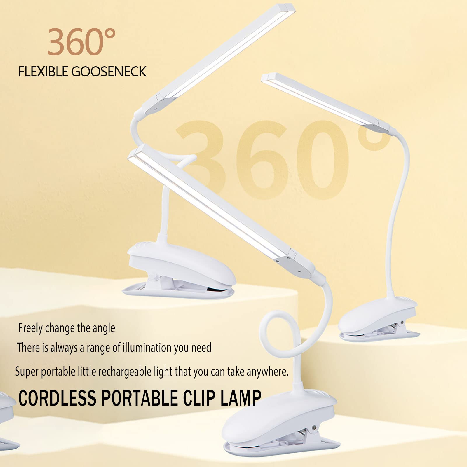 GcSige Dual Head LED Desk Lamp with Clamp, Eye-Caring Clip on Lights for Home Office, 3500mAh Rechargeable Battery Operated Table Lamps,3 Lighting Modes & Brightness Dimmer Light for Kids Students