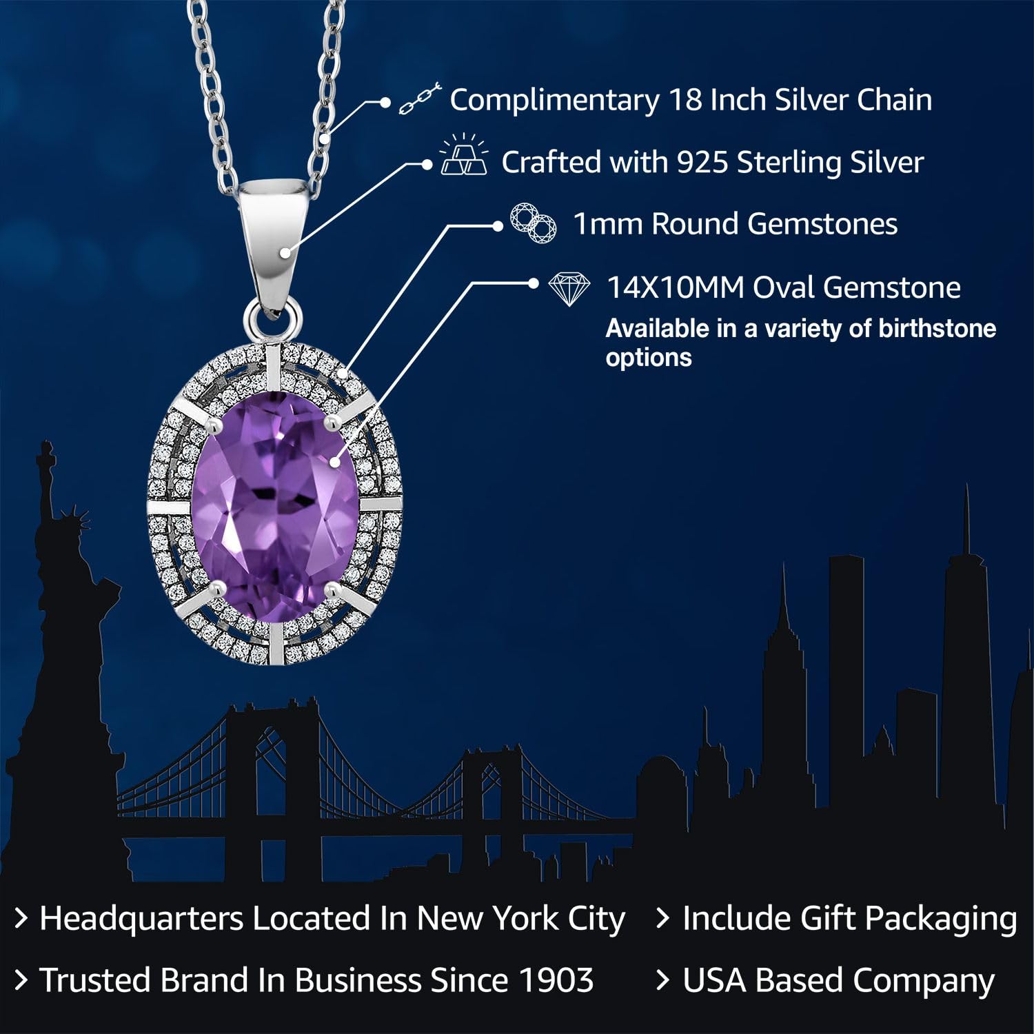 Gem Stone King 925 Sterling Silver 14X10MM Oval Gemstone Birthstone Pendant Necklace for Women with 18 Inch Silver Chain