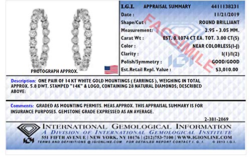 Vir Jewels 3 cttw Diamond Inside Out Hoop Earrings 14K White Gold Round Prong Set 1 inch