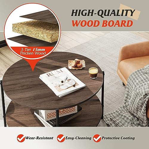 WLIVE Round Coffee Table, Living Room Table with 2-Tier Storage Shelf,32in Wood Modern Coffee Table with Metal Frame and Wood Desktop,Easy Assembly,Brown Walnut.