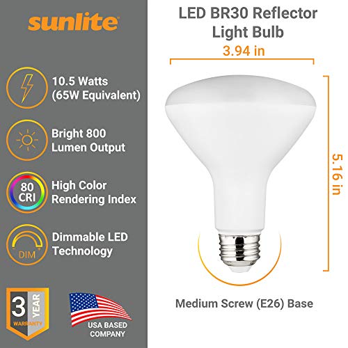 Sunlite 41176 LED BR30 Recessed Bulb, 10.5 Watt (65w Equivalent), 800 Lumens, Medium E26 Base, Dimmable Flood, UL Listed, 3000K Warm White, 6 Count