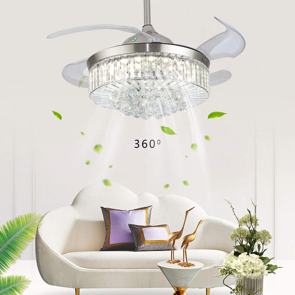 Gdrasuya10 Crystal Ceiling Fan Dimmable Chandelier with Lights and Remote Modern Invisible Retractable LED Fan for Living Room Bedroom Basement Kitchen Garage Decorations -Polished Chrome 42 Inches