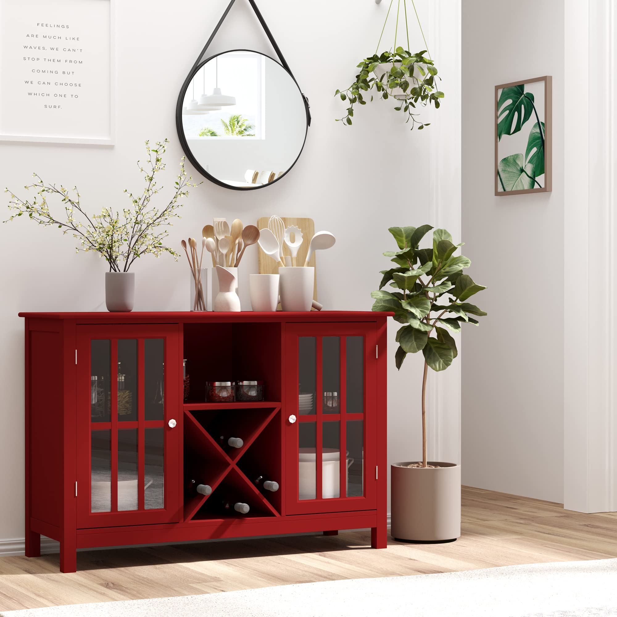 HOMCOM Sideboard, Glass Door Serving Buffet Cabinet, Liquor Cabinet with Adjustable Shelves, 12 Bottle Wine Rack for Living Room, Kitchen, Red