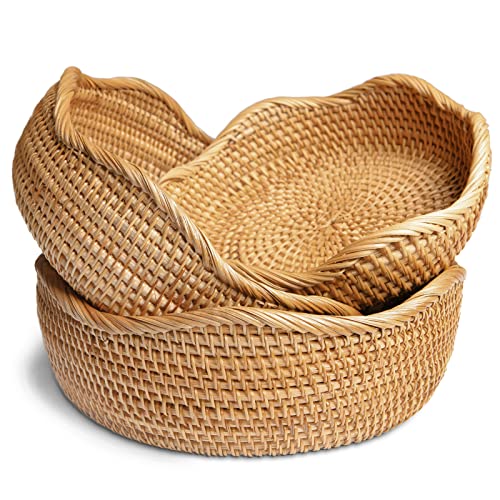 HITOMEN Handmade Rattan Bread Baskets Round Wicker Fruit Serving Storage Bowls, Natural Woven Decorative Kitchen Counter Organizing (Honey Brown) Set of 3