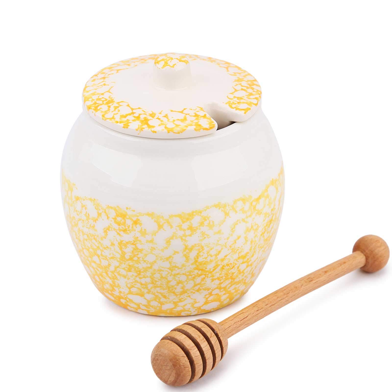 Kitchenexus Honey Pot, 15.5 OZ Ceramic Honey Jar with Lid and Wooden Dipper for Home Kitchen, Porcelain Honey Container for Storage (Yellow)