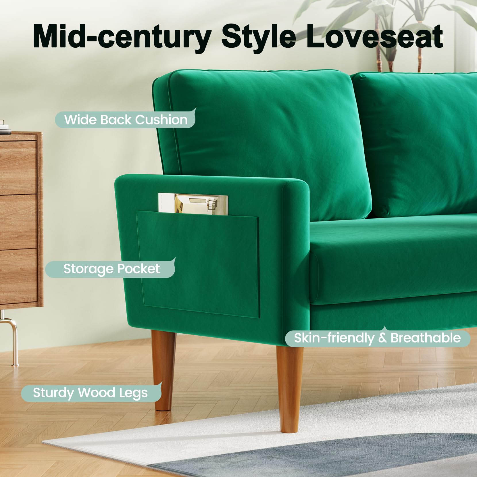Loveseat Small Sofa, 55" Couch Mid Century Modern Velvet Couch for Small Spaces, Bedroom and Living Room, Easy to Install, Grey