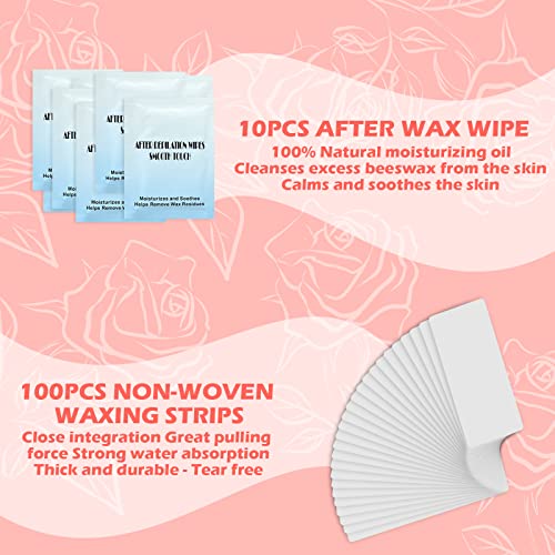 Roll On Waxing Kit, Depilatory Roll On Wax Warmer for Hair Removal with 2 Rose Cartridges Refill 10 Wax-removing Wipes and 100pcs Wax Strips, At Home Waxing Kit for Women and Men
