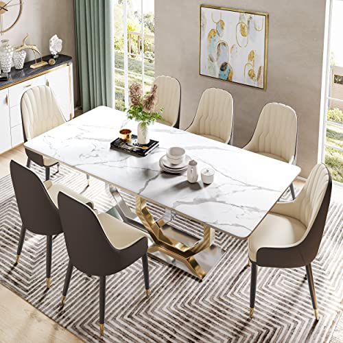POVISON Modern Faux Marble Dining Table for 6-8, White Rectangular Dining Table Tabletop with Steel Golden Hexagonal-Legs, Kitchen Table for Dining Room Table, 63'' (Table only)