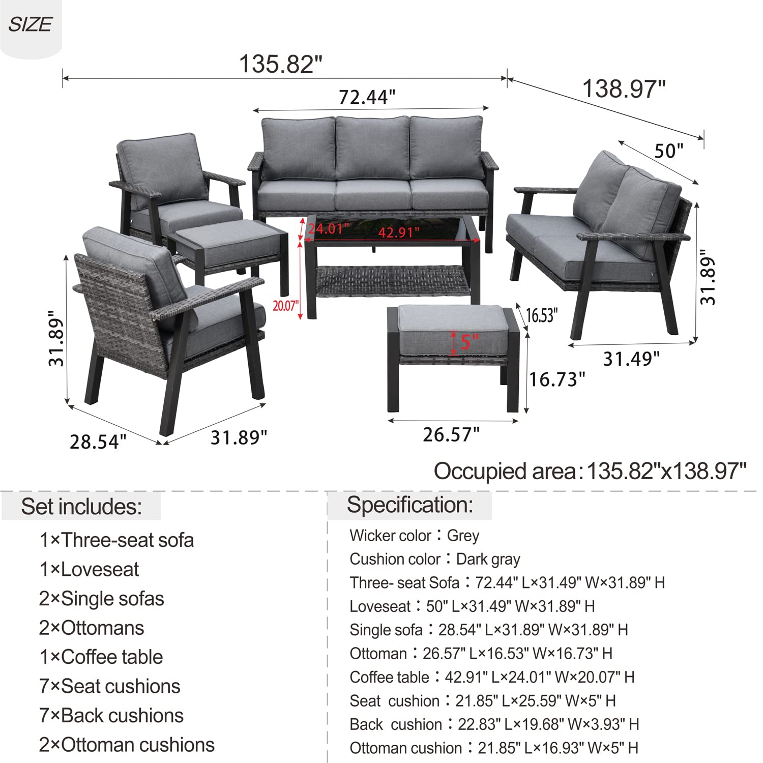 ovios Patio Furniture Set 7-Pieces Outdoor Wicker Rattan Sofa with Coffee Table Loveseat Ottomans, High Back All Weather Conversation Set with Comfy Cushions, Dark Grey