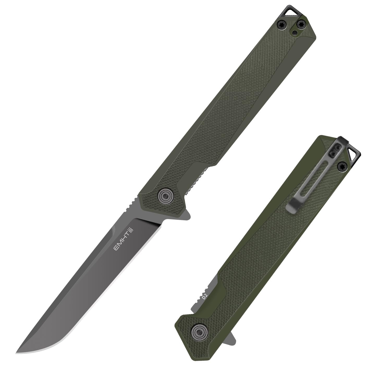 EMHiii Flipper Pocket Folding Knife: 3.54" D2 Steel Black Blade, G10 Scales, Slim EDC Knives with Reversible Deep Clip for Men and Women,Green