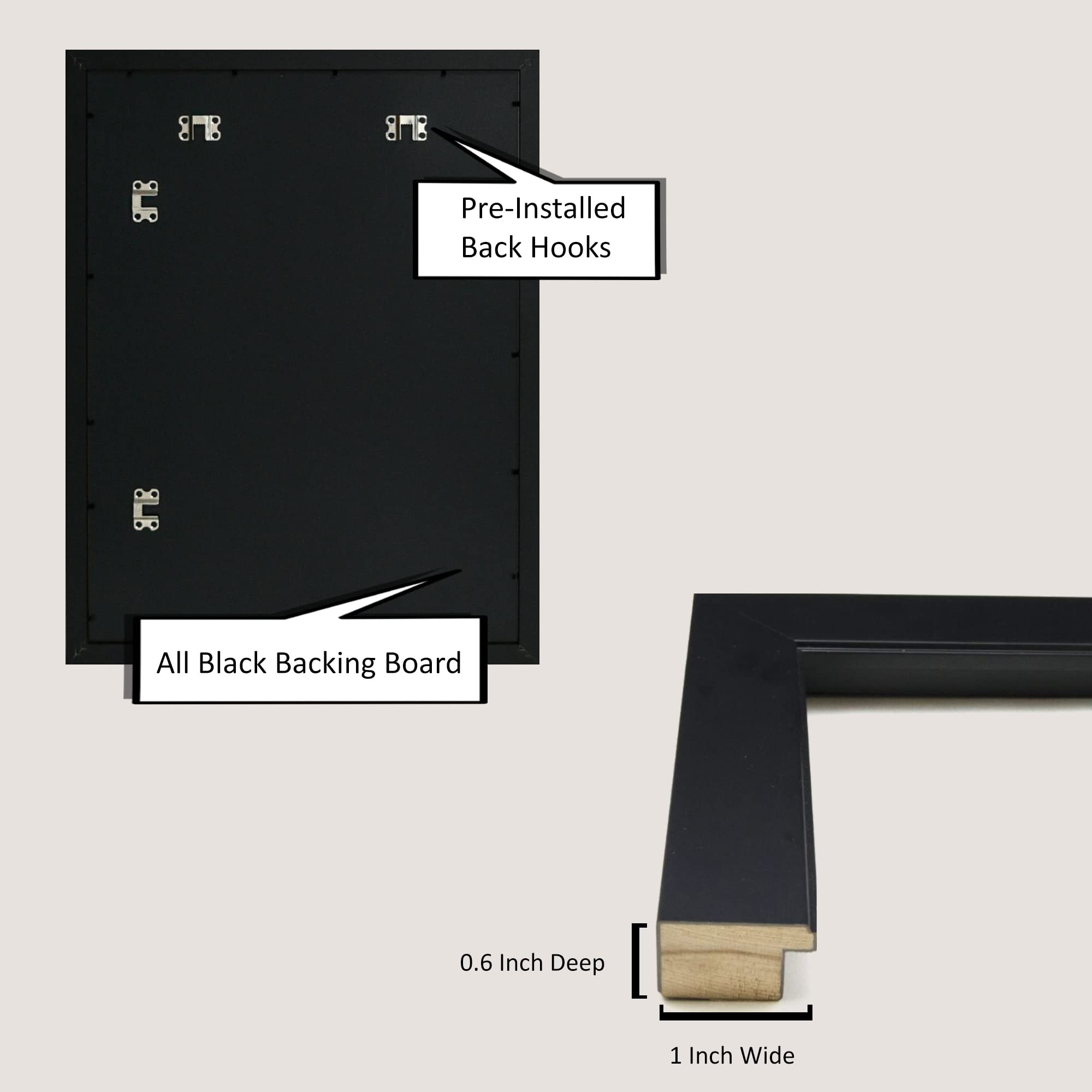 Frame Amo 18x24 Black Picture Frame, White Mat with 10.5x16.5 opening for 11x17 Image, 1 Inch Border, Acrylic Face