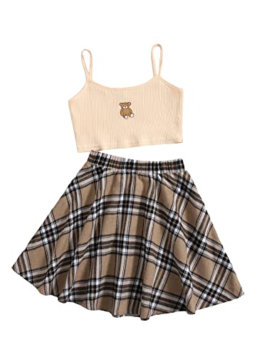 WDIRARA Girl's 2 Piece Cute Outfits Cartoon Print Cami Top and Plaid Skirt Set Multicolored 11-12Y