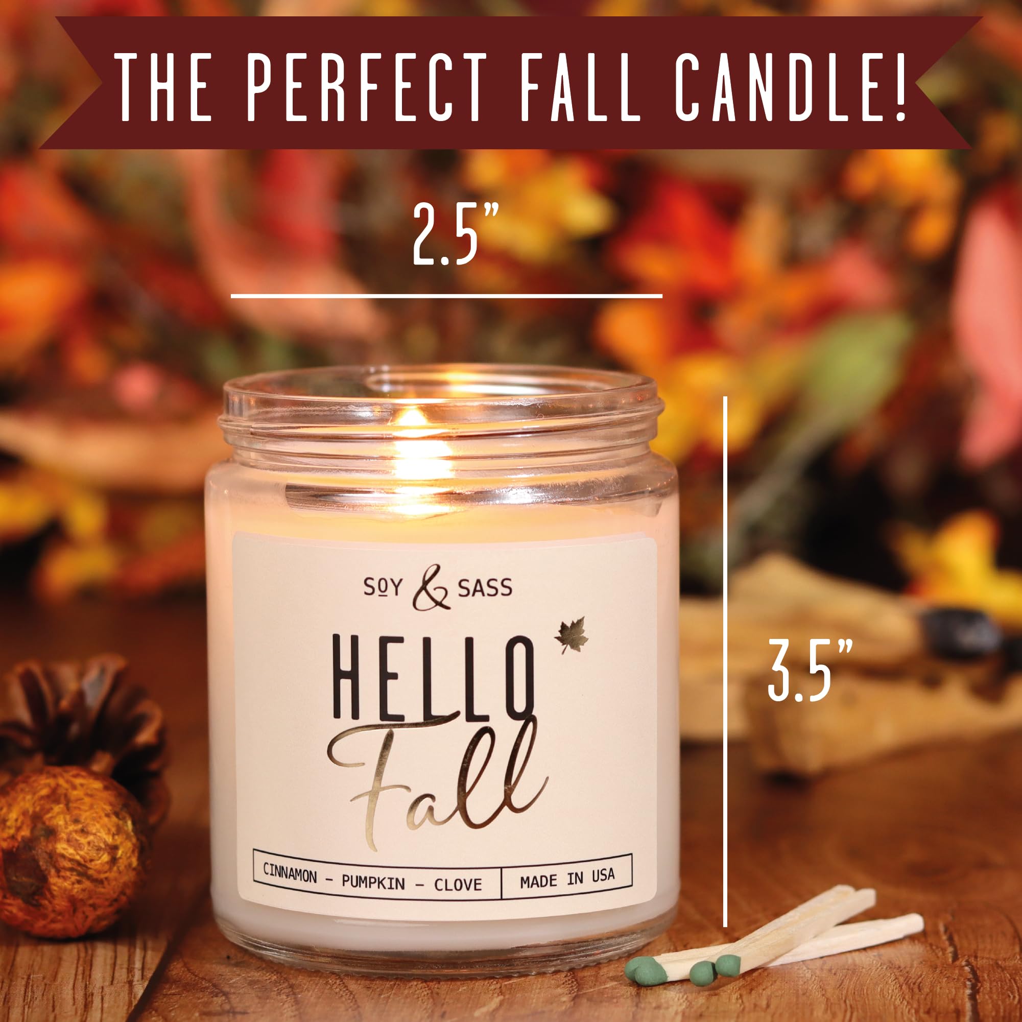 Fall Candles - 'Hello Fall' Fall Candle w/Cinnamon, Spice & Pumpkin Candle I Infused with Essential Oils I Autumn Fall Scented Candles I Pumpkin Spice Candle I 9oz Jar I 50Hr Burn I Made in USA