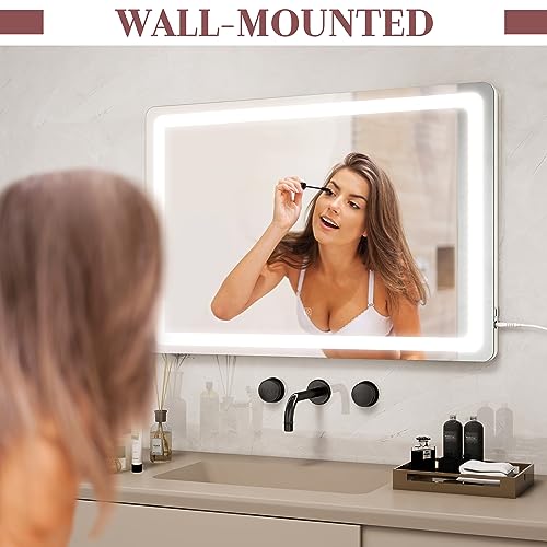 ROLOVE Vanity Mirror with Lights, 32" x 22" Large Lighted Vanity Mirror with Dimmable 3 Modes, LED Makeup Mirror with Detachable 10X Magnification, Touch Screen Control, for Makeup Desk, Dressing Room