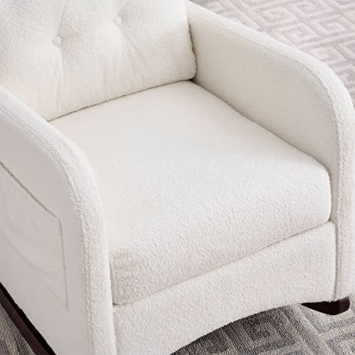 JEEOHEY Nursery Rocking Chair, Modern Upholstered Button Tufted Teddy Fabric Rocker Glider Chairs Single Sofa Armchair w/Solid Wood Legs, Side Pockets for Nursery Room, Living Room, White