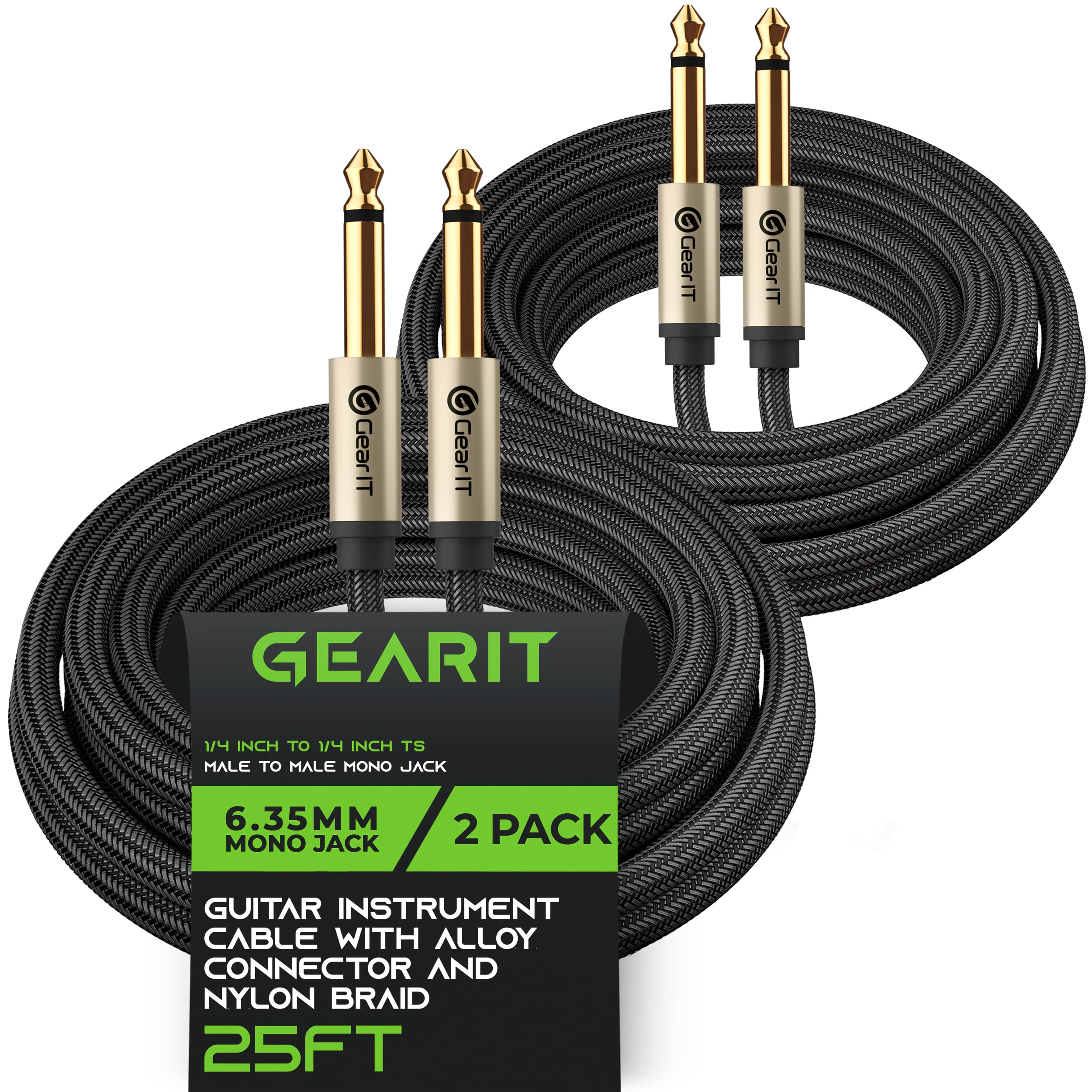 GearIT Guitar Instrument Cable (15ft 2-Pack) 1/4 Inch to 1/4 inch TS Straight Male to Male 6.35mm Mono Jack with Alloy Connector and Nylon Braid