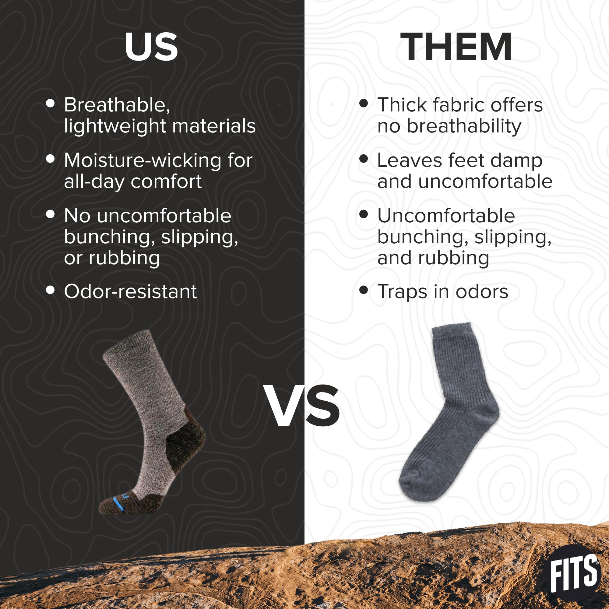 FITS Light Hiker Crew Sock for Men and Women, Made with Merino Wool, Breathable, Odor Resistant, Smart Cushioned Hiking Sock, Navy, Medium
