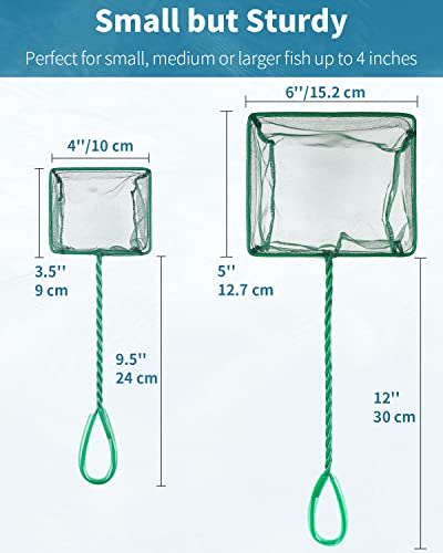 Pawfly 4 & 6 Inch Aquarium Fish Net Set with Braided Metal Handle Square Green Net with Soft Fine Mesh Sludge Food Residue Wastes Skimming Cleaning Net for Fish Tanks Small Koi Ponds and Pools