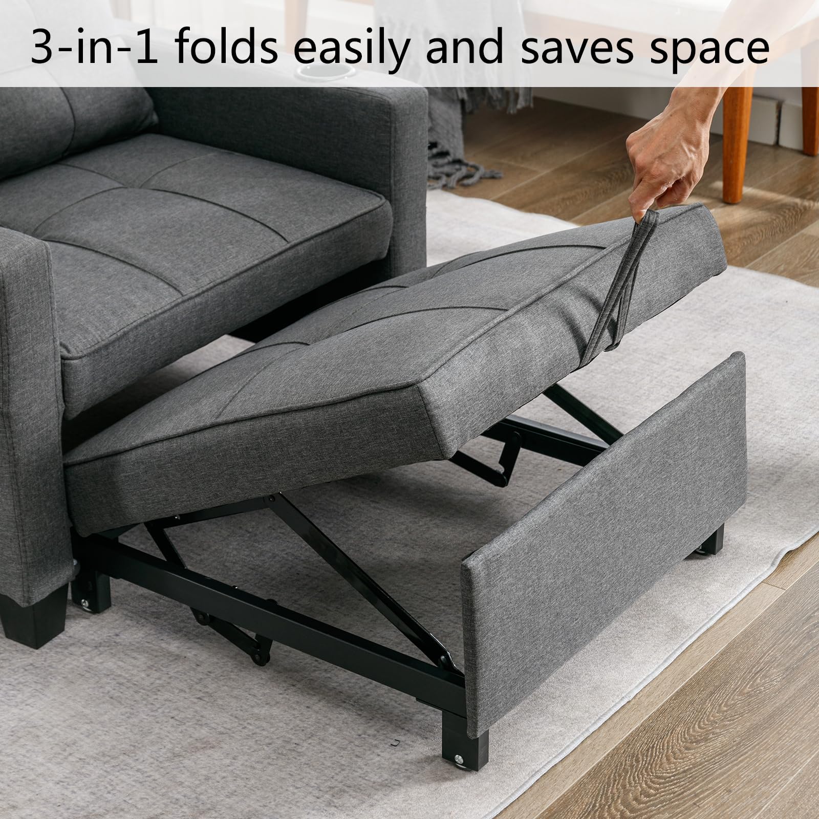 Purgreen Linen Sofa Futon Chair, Convertible 3-in-1 Pull Out Sleeper Chair Bed with USB Ports and Complimentary Pillow - Elegance, Comfort and Versatility in One, Grey