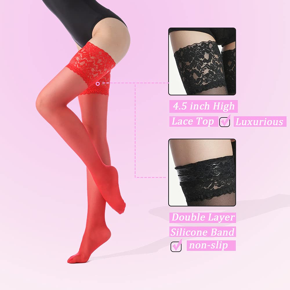G&Y Thigh High Stockings with Silicone - 15D Sheer Lace Top Nylon Stay Up Pantyhose for Women