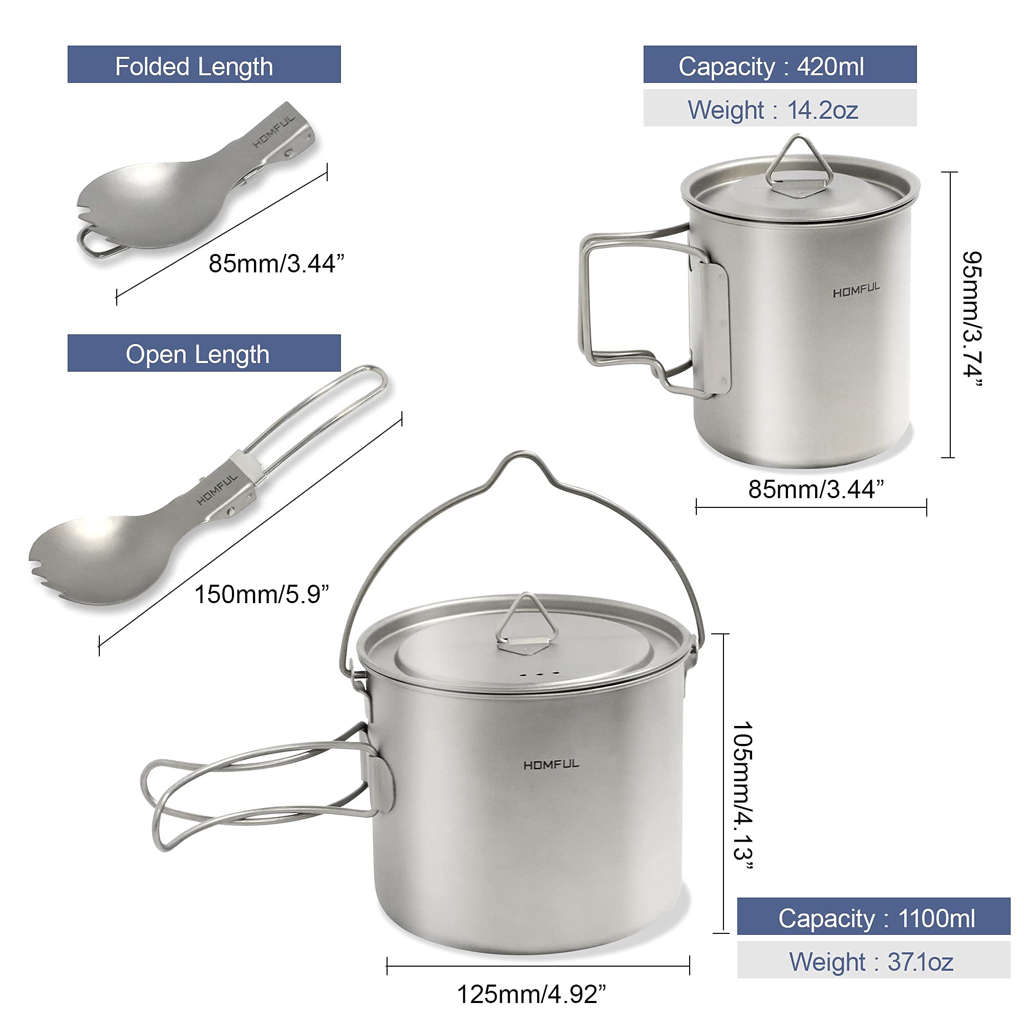 HOMFUL Camping Cookware Titanium Cooking Set,1100ML 420ML Camping Pots Cup Mug,Titanium Spork with Mesh Bag for Backpacking Hiking Picnic