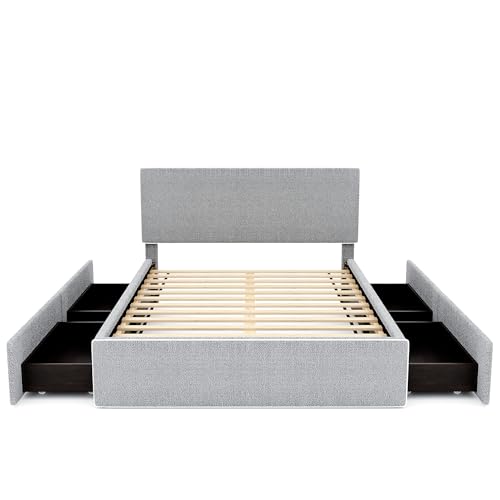 EMKK Full Size Upholstered Platform Bed with 4 Drawers and Golden Edge on The Headboard & Footboard,Bedframe for Kids,Adults Bedroom, w/4 Drawers Tufted Headboard