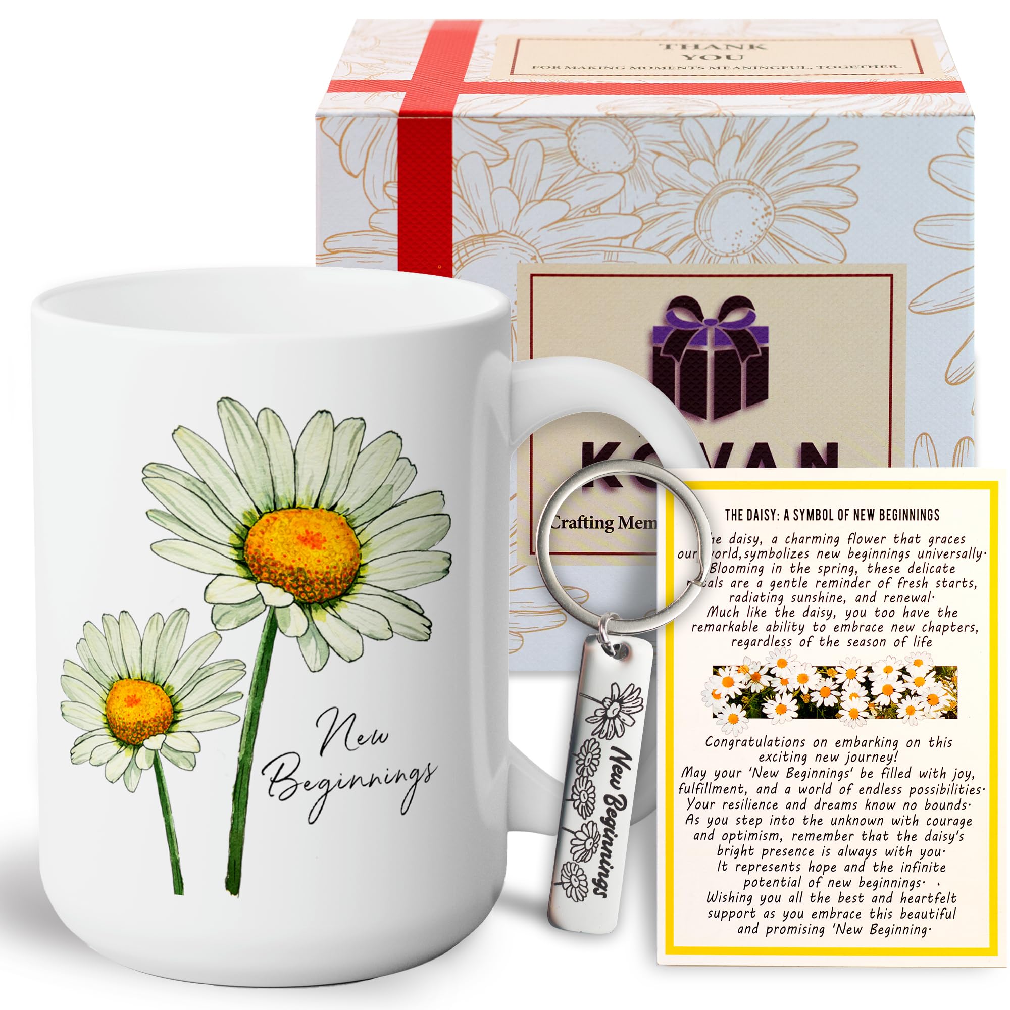 New Beginnings Box Gifts for Women, Daisy White Coffee Mug 15Oz and Keychain, Gifts for New Job, New Home, Leaving Job, Goodbye, Good Luck, Going Away, Farewell Coworker Leaving, Divorce Gifts
