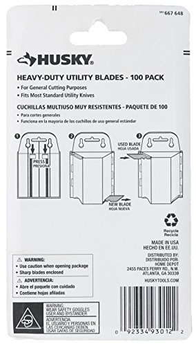 Husky 667648 Heavy Duty .024” Carbon Steel Utility Blade Dispenser w/ Mounting Hole and Blade Disposal (100 Pack of Blades)