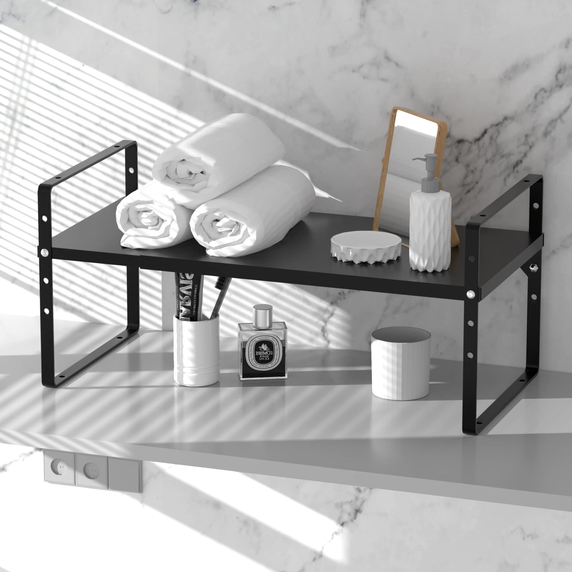 GEDLIRE Expandable Kitchen Cabinet Shelf Organizers 4 Pack, Stackable Metal Pantry Storage Shelves Rack, Adjustable Counter Shelf for Cabinets, Countertop, Cupboard Organizers and Storage, Black