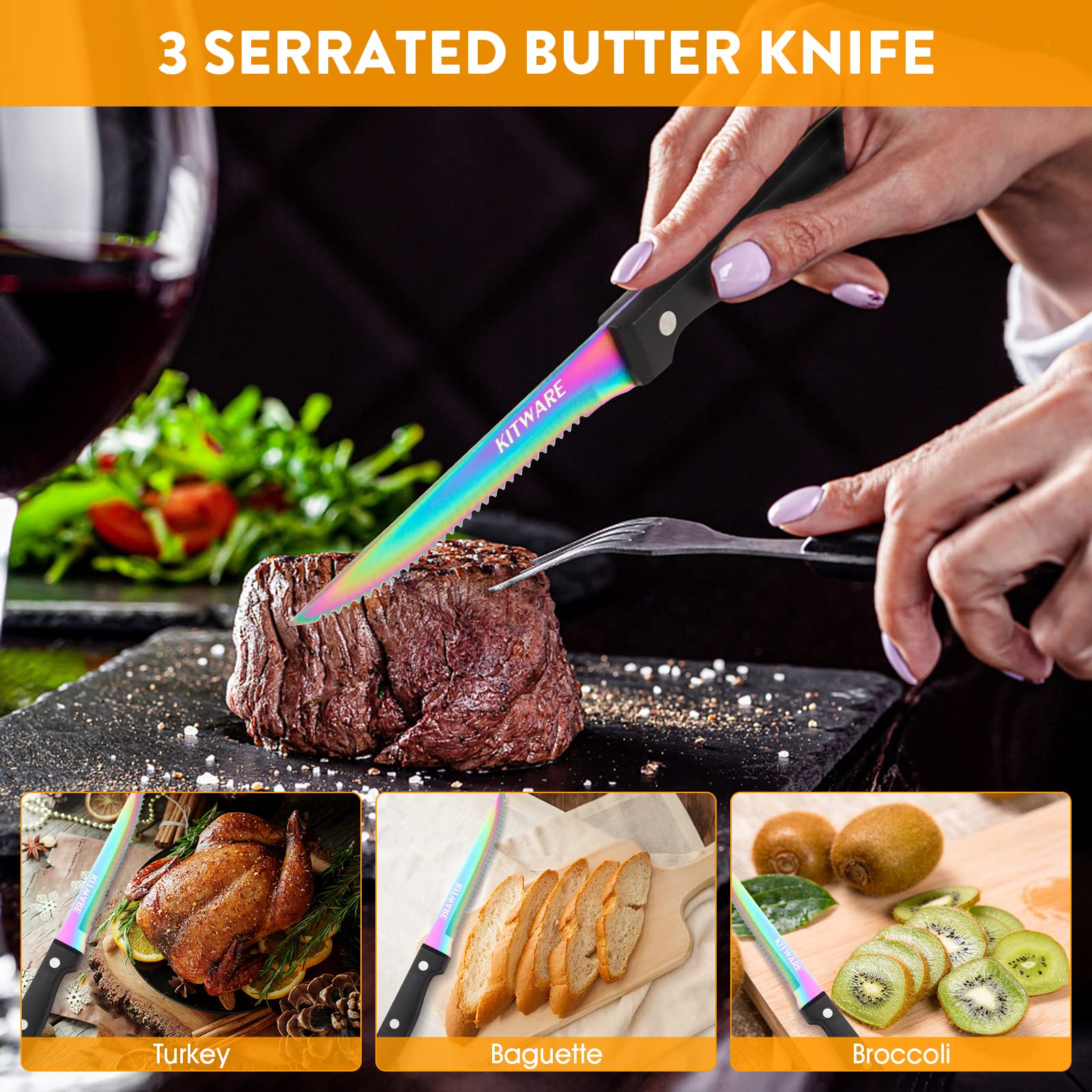 KITWARE Rainbow Steak Knife Set with Gift Box, 6-Piece Sharp Steak Sets of Knives, 4.5 Inch Stainless Steel Black Handle Meat Knifes with Serrated Egdes, Knife for Bread, Butter and Pork