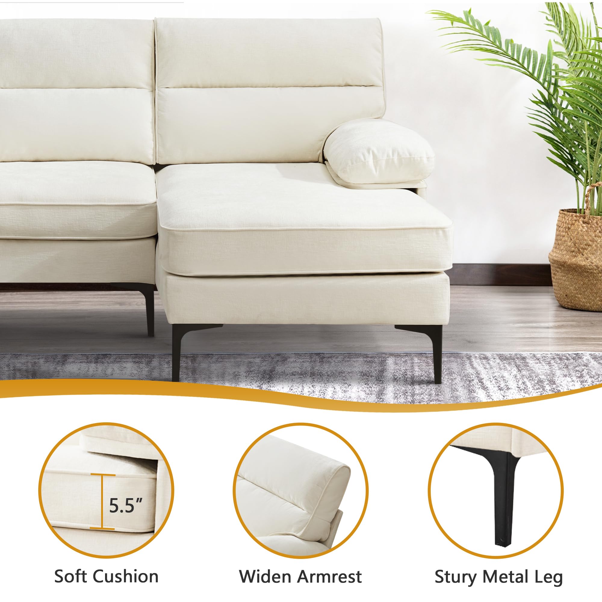 Ihanherry 85β Convertible Sectional Sofa Couch, 3 Seat Sofa for Living Room L-Shaped Modern Chenille Fabric Modular Sofa Reversible Wide Chaise & Fluffy Armrests for Apartment (Beige)