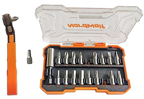 NordWolf 20-Piece Low Profile Mini Reversible Ratchet Wrench and Bits Set, Includes Square Head/Phillips/Pozidrive/Torx Security/Hex/Slotted Bits in Storage Case