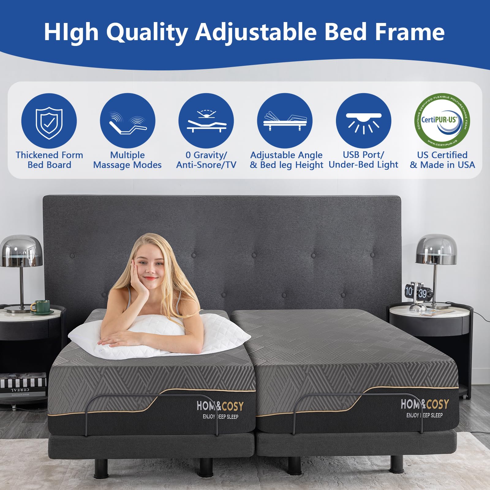 Split King Adjustable Bed Base with Grey Mattress, 12 Inch Gel Memory Foam Medium-Firm Mattress in Box, Adjustable Bed Frame, Thickened Form Frame, Massage, Wireless Remote, Electric Smart Bed