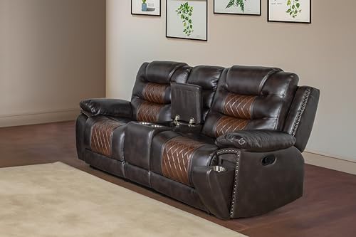New Classic Furniture Nikko Faux Leather Manual Console Loveseat with Dual Recliners, Brown
