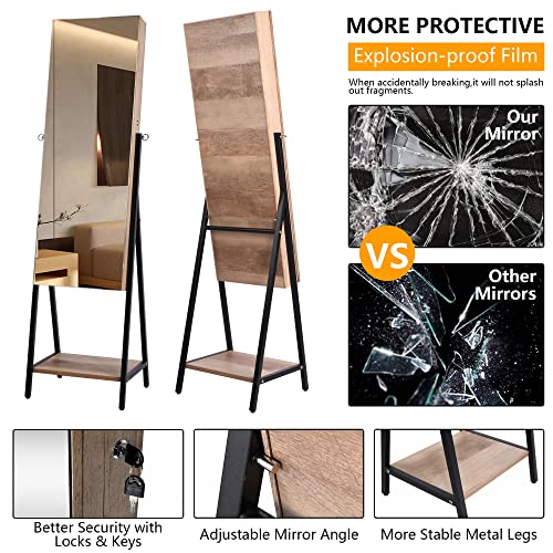 LVSOMT 3 LEDs Full Length Mirror Jewelry Cabinet, Standing Mirror with Jewelry Storage, Large Lockable Armoire for Necklaces, Earrings, Cosmetic Storage, Brown