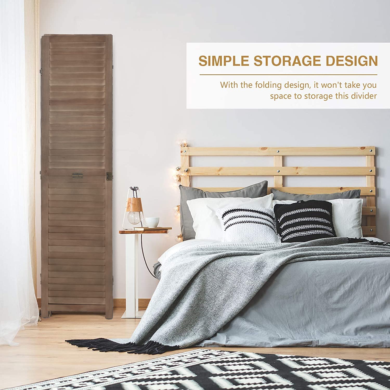 Esright 6 Panel Wood Room Divider, 5.6 Ft Tall Folding Privacy Screen Room Divider, Freestanding Partition Wall Dividers for Office,Bedroom, Brown