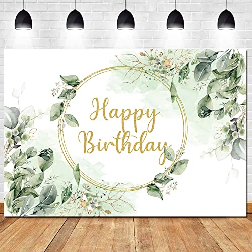 Greenery Succulent and Eucalyptus Leaves Photography Backdrop Bloom Eucalyptus Leaves Photo Background for Happy Birthday Party Decoration Cake Table Banner Supplies 7x5ft