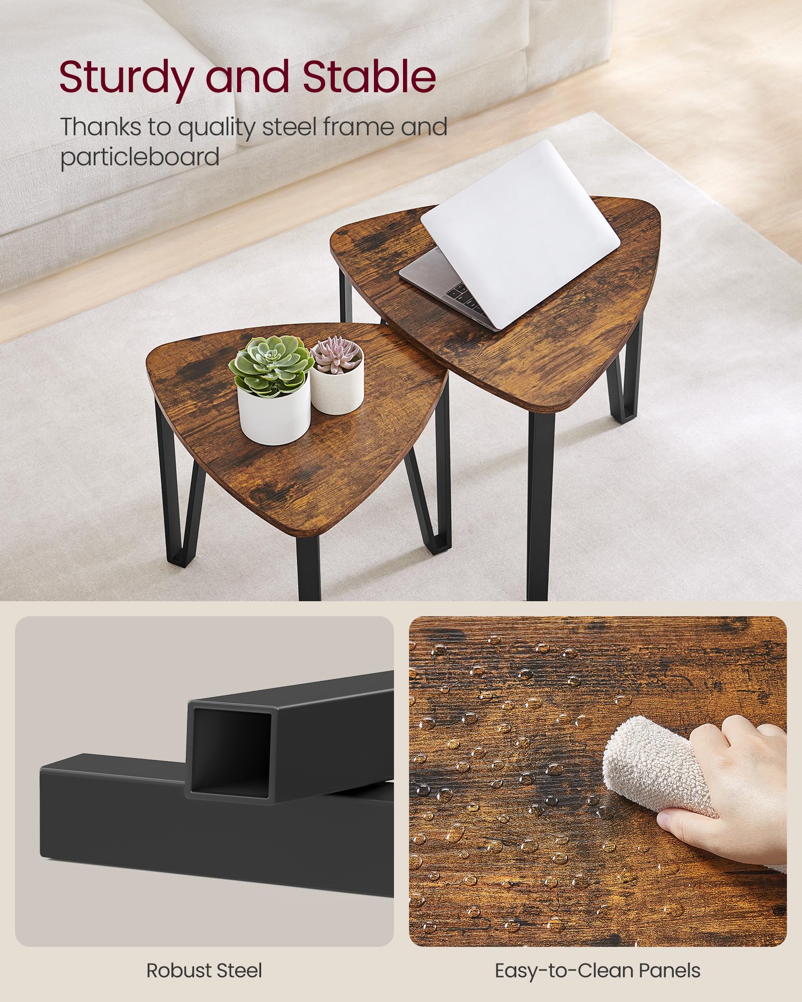 VASAGLE Nesting Coffee Tables, End Tables Set of 2 for Living Room Bedroom, Industrial Small Stacking Side Tables with Metal Frame for Couch, Rustic Brown and Black ULET013B01