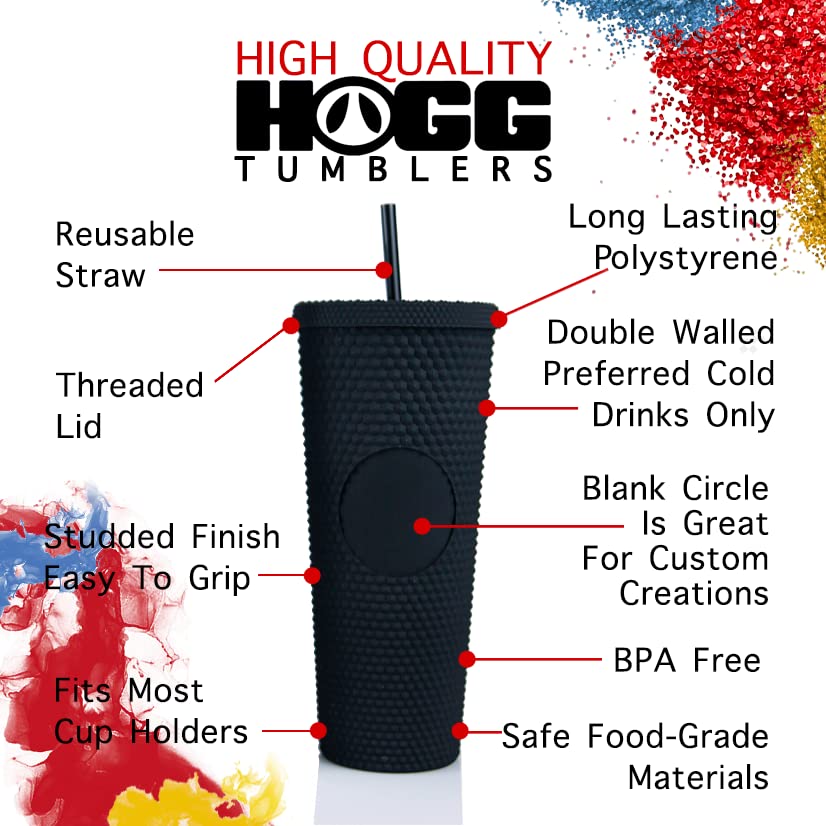 Hogg 24oz Studded Tumbler with lid and straw, DIY, Customizable with Bling or Glitter, Reusable Textured Venti Cup, Double Wall Insulated (24oz with circle, Glossy Pink)