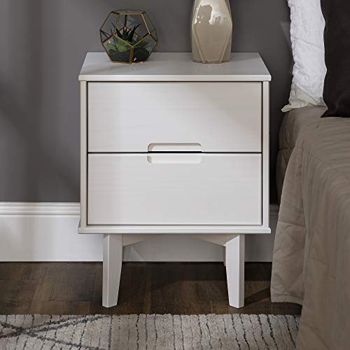 Walker Edison Furniture AZR2DSLNSWH Solid Wood 2-Drawer Groove Handle End Side Table Nightstand with Storage, 24" H, White