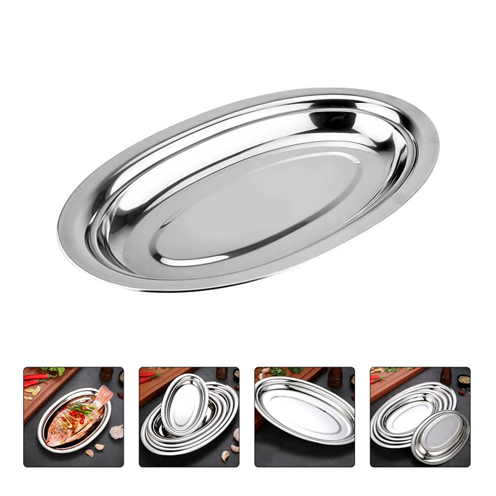 Housoutil Sizzle Platter Stainless Steel Oval Platter Fish Plate Appetizer Dish Snack Plate Metal Plate Serving Tray for Steaming Fish Dessert Meat Sushi 40cm Dinner Plates