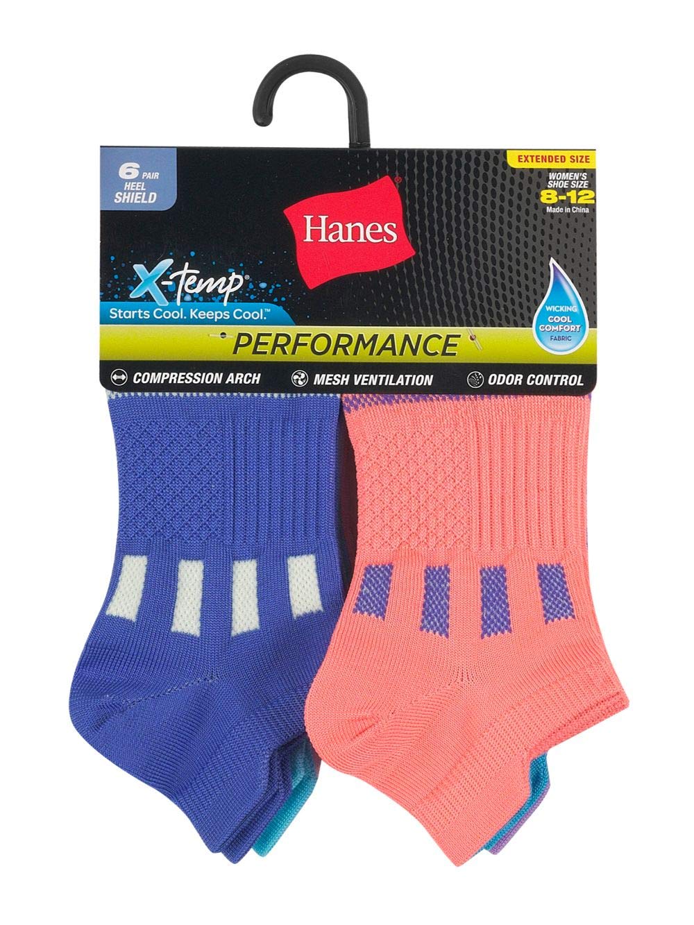 Hanes womens Performance Cool Compression Heel Shield 6 Pair Pack Casual Sock, Pink/Blue Design, 8 12 US